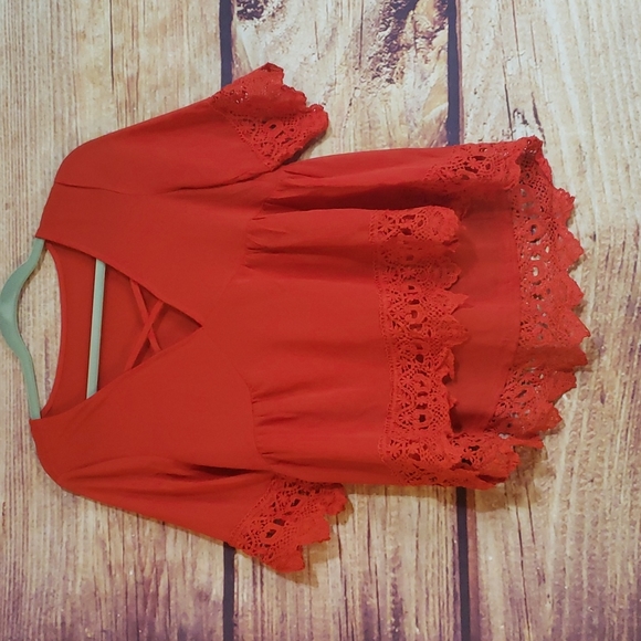 SHEIN | Tops | Shein Red Lace Criss Cross Top | Poshmark